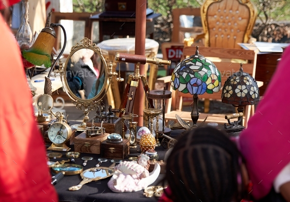 Vintage items for sale at a stall on street flea market. Stock Photo by ...