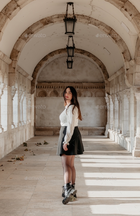 Full body portrait of beautiful woman wearing stylish clothes, standing ...
