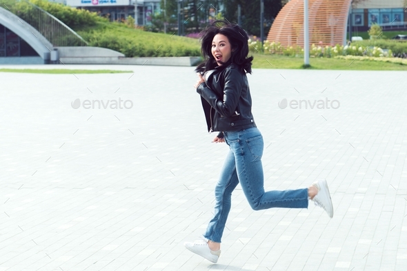 Funny face woman running at city street Stock Photo by shapoval08 ...