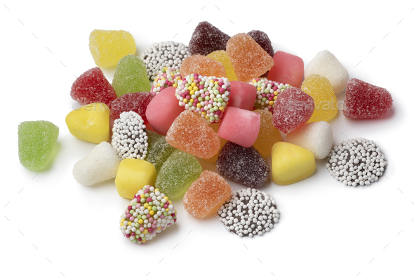 Heap of colorful tum tum, fruit gum mix close up on white background ...