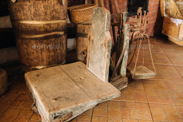 Old equipment scales in rural areas in villages Stock Photo by Lobachad