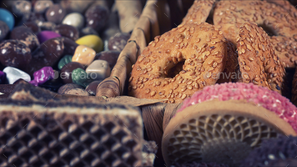 Salty and Sweet Mixture of Delicious Snacks Stock Photo by okanakdeniz