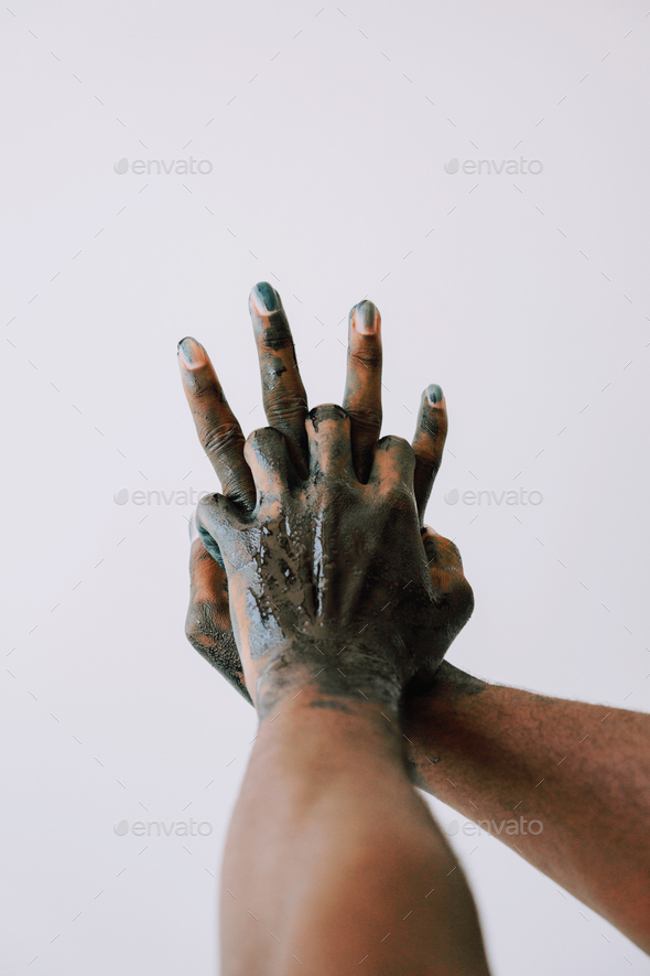 Dark skin hands covered with the blue paint Stock Photo by ...