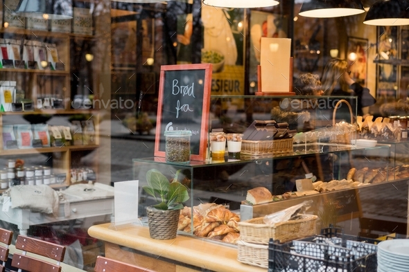 View of a small cafe coffee shop from the outside the window Stock ...