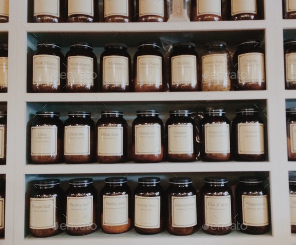 Vitamins and supplements on display line up organized in the apothecary ...