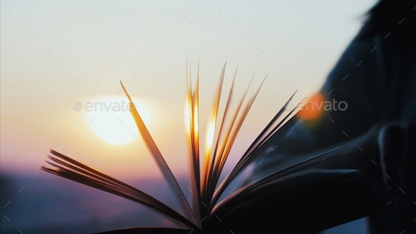 Beautiful open book with pages on sunset background. Education, reading ...
