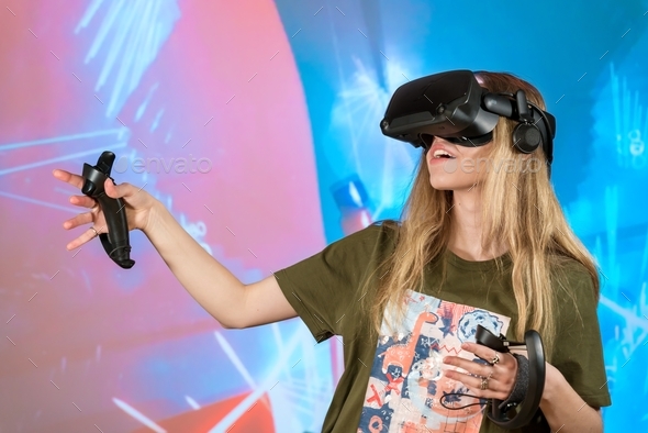 Young girl in 3D virtual reality glasses Stock Photo by Tatiana_Mara