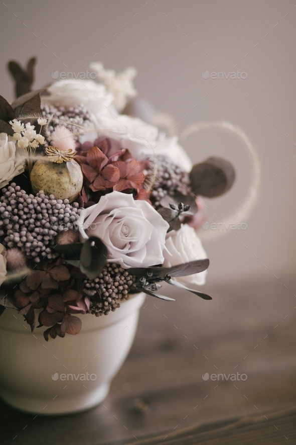Flower composition and bouquets in flower shop. Stock Photo by Polinalebed