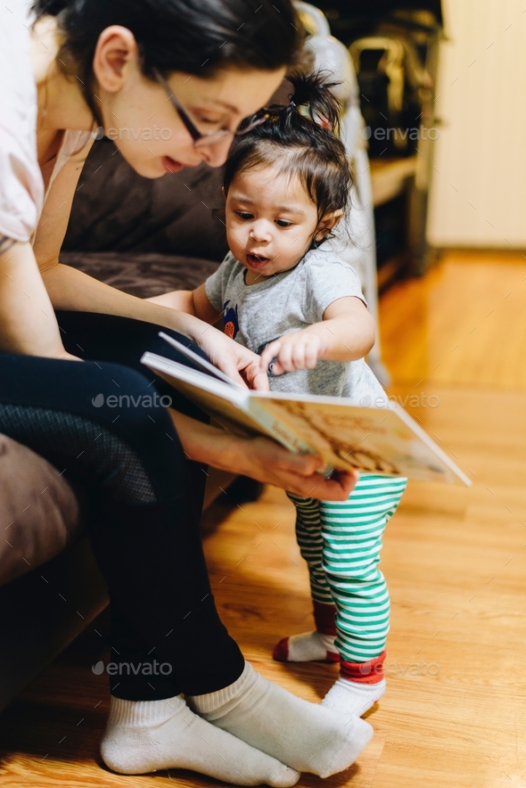 Parenthood, parenting, mother at home reading to her diverse toddler ...