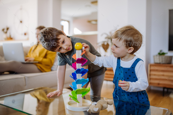 Little siblings playing with montessori wooden marble run in living ...