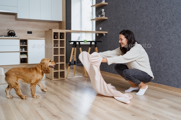Cute dog and his human at home Stock Photo by diignat | PhotoDune