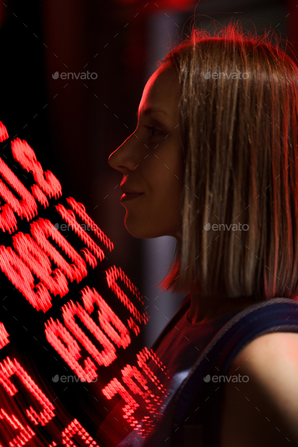 Living in a cyber world. Profile picture of young smiling woman, face ...