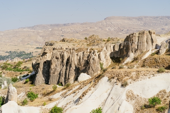 Travel in mountains. View on old sandy Cappadocia mountains. Desktop ...