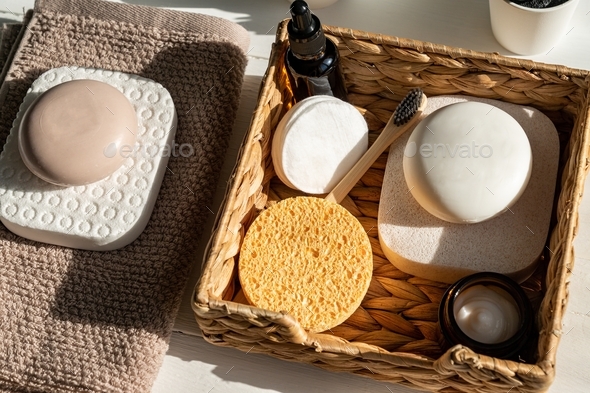 Top view of home spa accessories - water hyacinth box with sponges ...