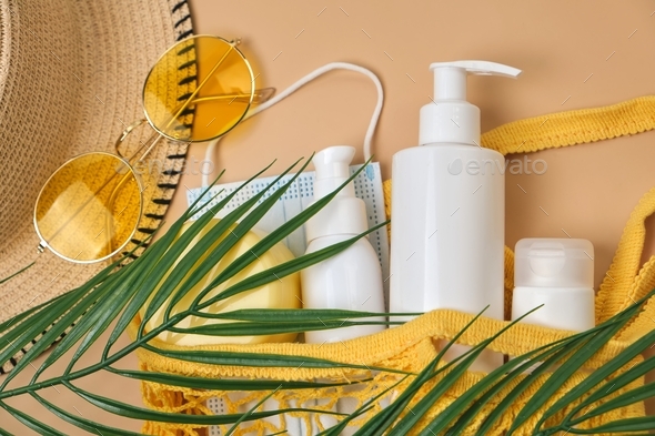 sun protection object bag straw beach hat sunglasses spf cream surgical ...