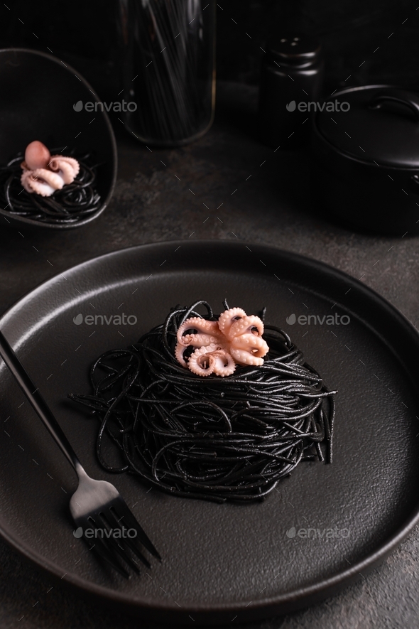 Pasta with cuttlefish ink and octopus Stock Photo by Tati_honey | PhotoDune