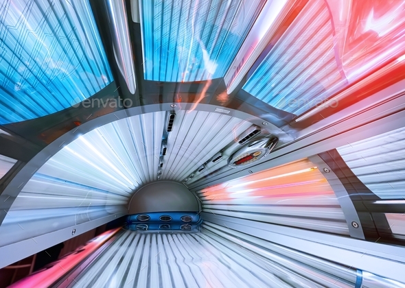 Inside view of modern Tanning Bed, sunbed with ultraviolet light for ...