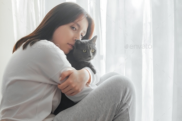 portrait of a young beautiful girl with a cat near the window Stock ...