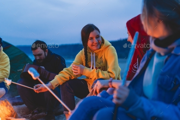 Group of friends Marshmallow on a bonfire at the evening Stock Photo by ...