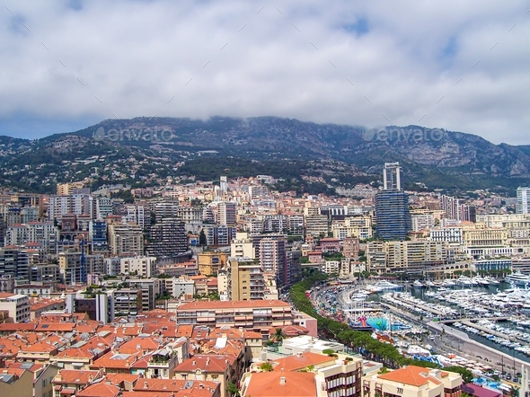 Overhead view of Monte Carlo Monaco with mountains in background ...