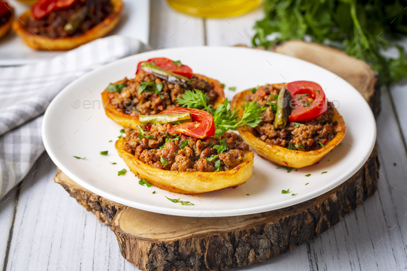 Traditional delicious Turkish food; stuffed potatoes (Turkish name ...