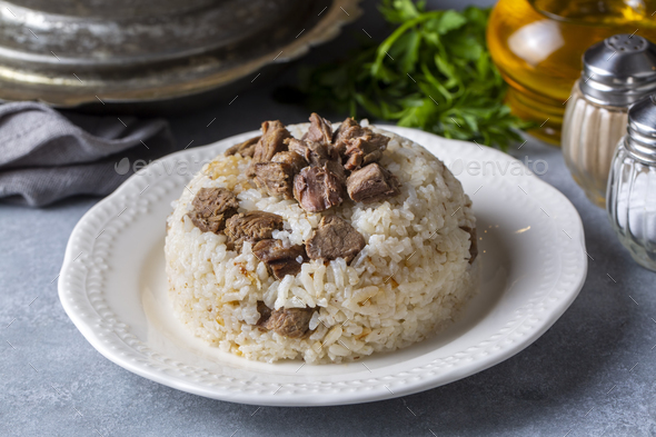 Traditional Turkish cuisine; Meat rice pilaf. Turkish name; etli pirinc ...