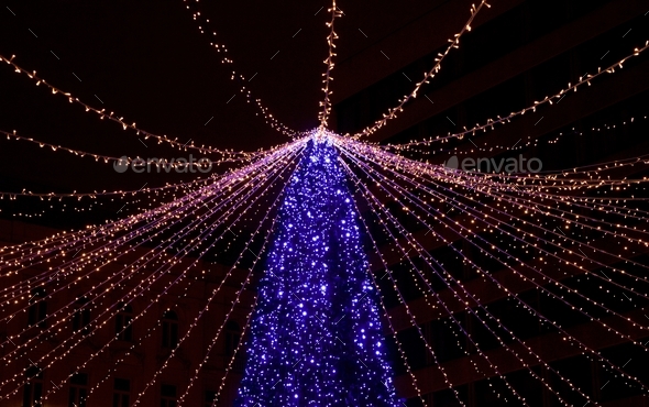 Overhead String lights at Christmas market in Budapest Stock Photo by ...