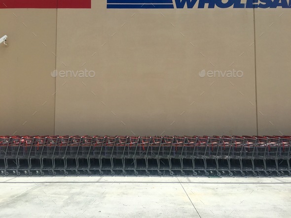 Line of shopping carts outside of grocery store room for copy Stock ...