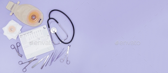 Surgeon's set: from a colostomy bag, surgical instruments, a ...