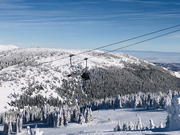 Ski lift over forest of evergreen trees covered in snow on a day with ...