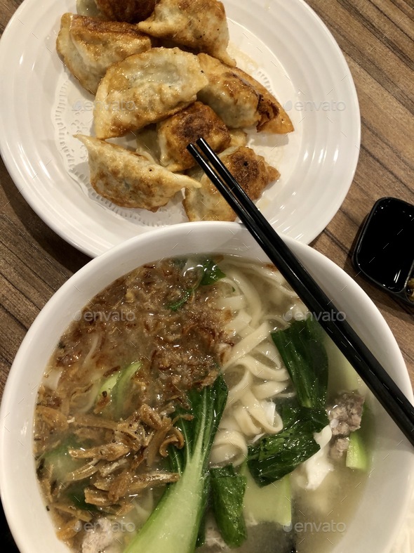 Pan fried dumplings, plating, food, dimsum and ban mian noodles asian ...