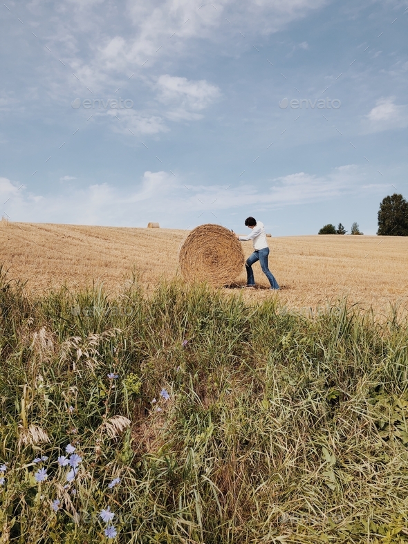 A woman rolling a hay roll in a meadow Stock Photo by Guerrlina | PhotoDune