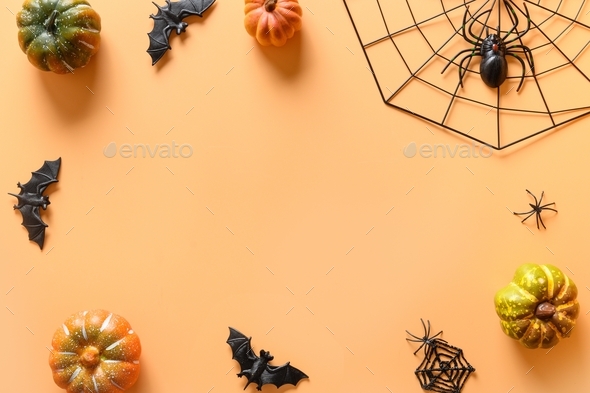 Halloween frame of fun party decorations, pumpkins, spooky web, bats ...
