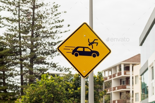 Road sign in Australia. Car accident. Traffic accident collision. Knock ...