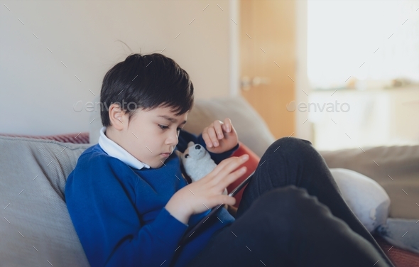 Schoolboy playing with dog toy, game online with friend on tablet,Kid ...