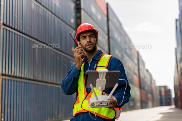 Foreman man working checking at Container cargo harbor to loading ...