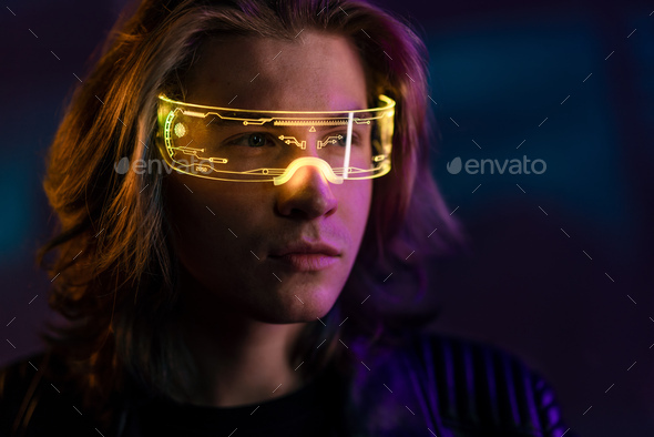 Metaverse digital cyber world technology, portrait of young man with ...