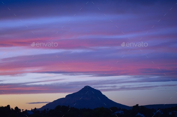 Sunset sky with Montgo Mountain in silhouette, Xabia / Javea, Alicante ...