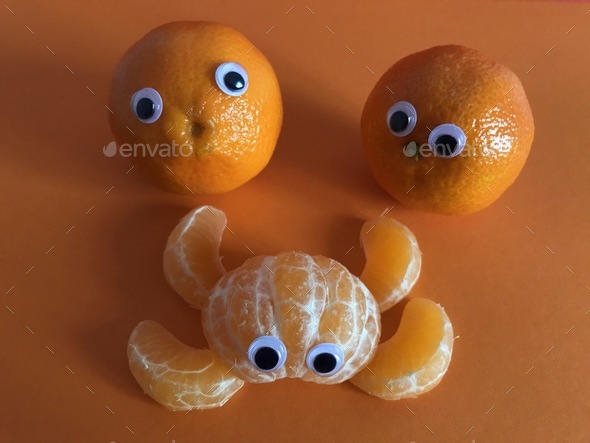 Oranges with googly eyes looking at a googly eyed critter made from a ...
