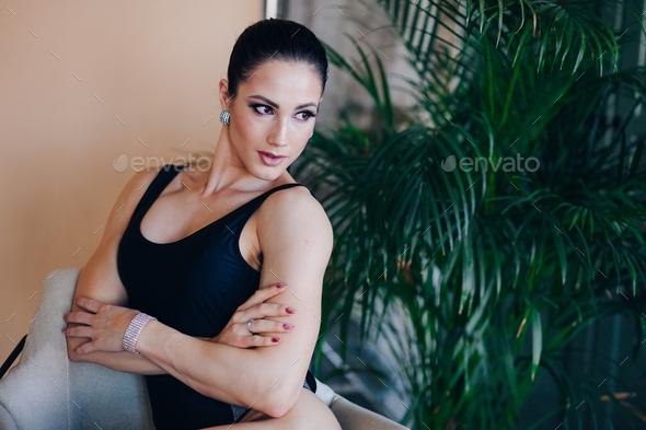 Fit and slender woman with slender body shape in swimsuit, fitness ...