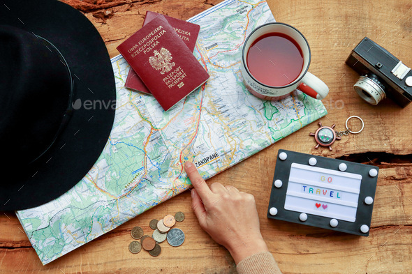 Flat lay travel. Planning a trip. Go travel. Items flat lay. Map ...