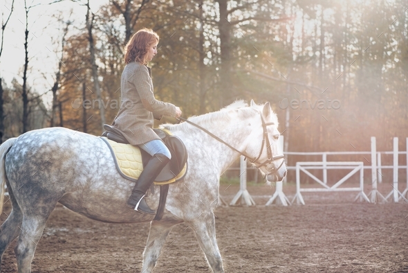 ↟ Portrait of a redheaded girl in a tweed jacket, riding a horse Stock ...