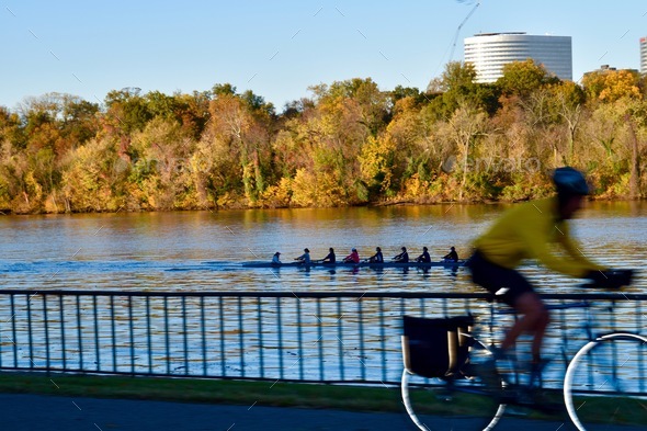 College rowing team in Potomac river with cyclist racing by in yellow ...