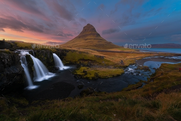 Kirkjufel and Kirkjufellsfos. Exotic landscapes of Iceland at sunset ...