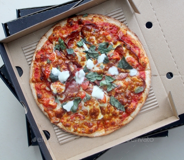 Take away Pizza Margherita in the box - flat lay Stock Photo by ...
