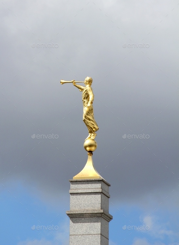 Golden statue of Moroni - the prophet from the Book of Mormon Stock ...