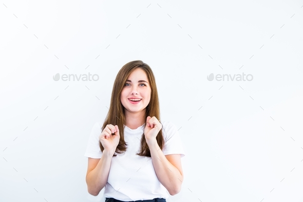 Delighted, Young, emotional, smiling, surprised woman portrait isolated ...