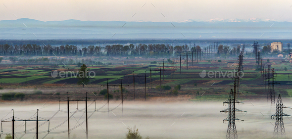 Beautiful panorama of long electric high voltage power line rows Stock ...