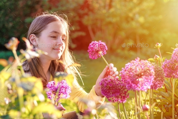 Close-up portrait of beautiful preteen girl picking up purple allium ...