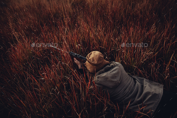 Hunter laying in high grass of field aiming his prey with weapon Stock ...